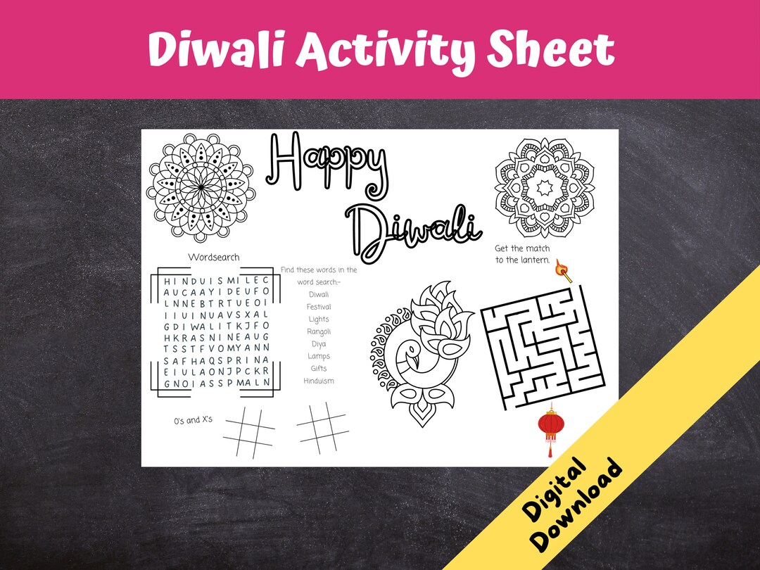 Diwali Activity Sheet, Kids Diwali Word Search, Maze, Coloring, Hindu ...