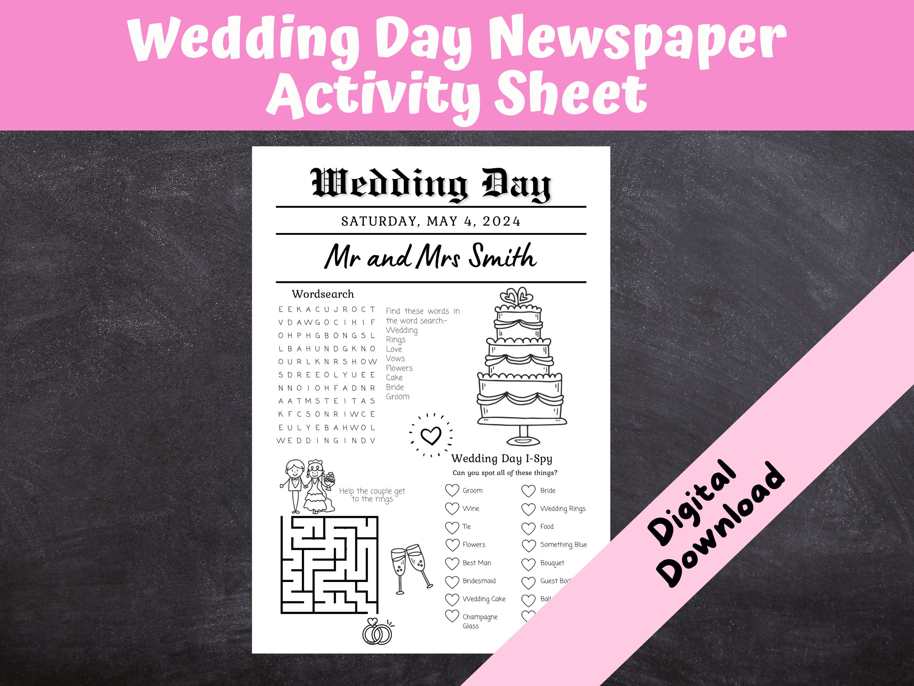 Personalized Wedding Activity Sheet: Kids Newspaper Games (digital ...