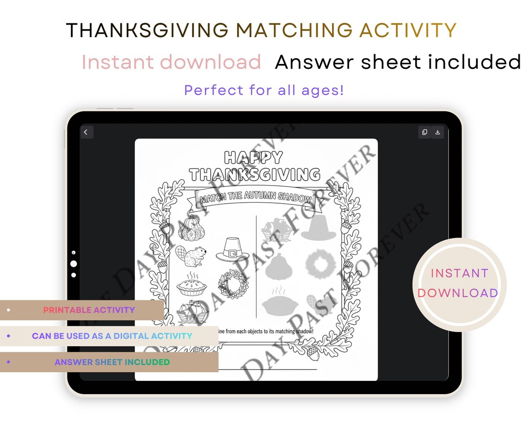 Thanksgiving Matching Activity Sheet - Etsy