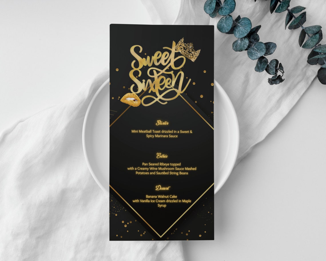 Black and Gold Sweet 16th Birthday Menu Dinner Menu Elegant - Etsy