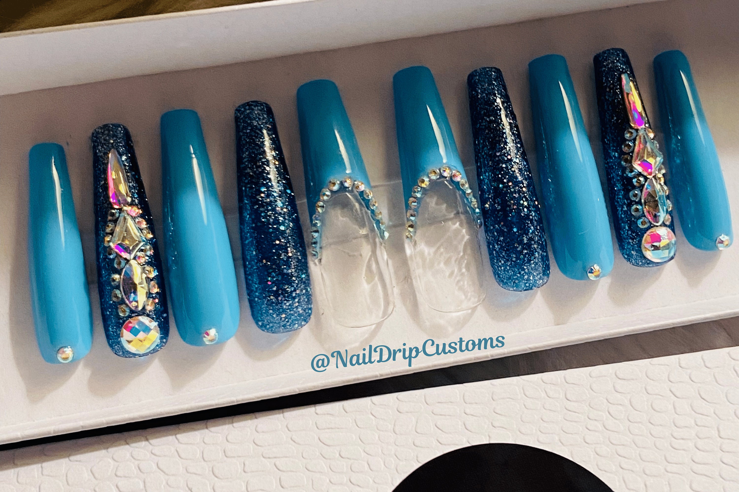 Blue Press on Nails Blue Nails With Rhinestones Blue - Etsy