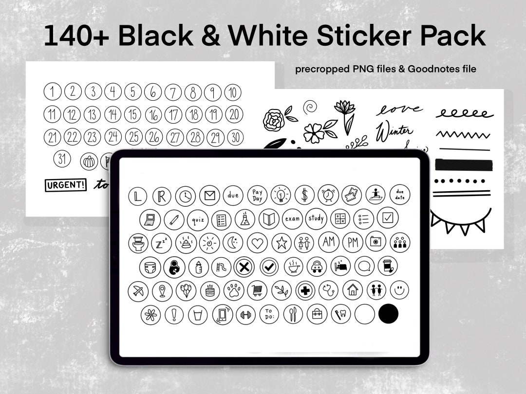 140+ Black and White Digital Planner Sticker Pack, Precropped PNG ...