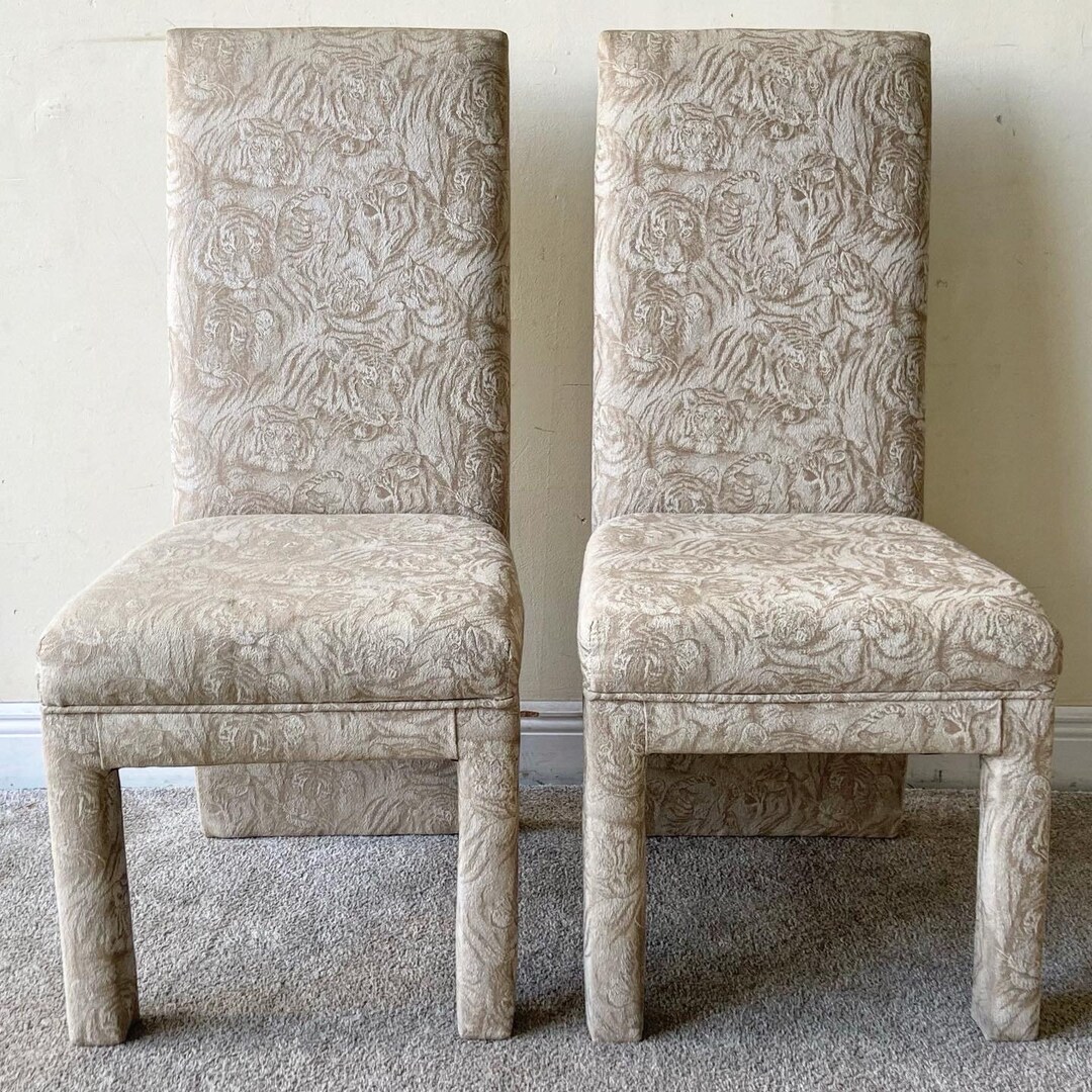 Postmodern Beige Tiger Fabric Parsons Dining Chairs 4 Pieces - Etsy