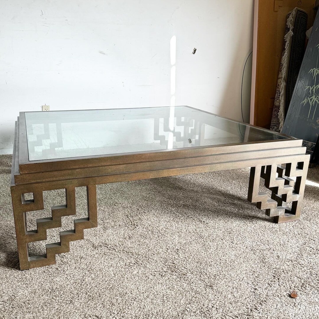 Chinoiserie Copper Finished Metal With Inlayed Glass Top Coffee Table ...