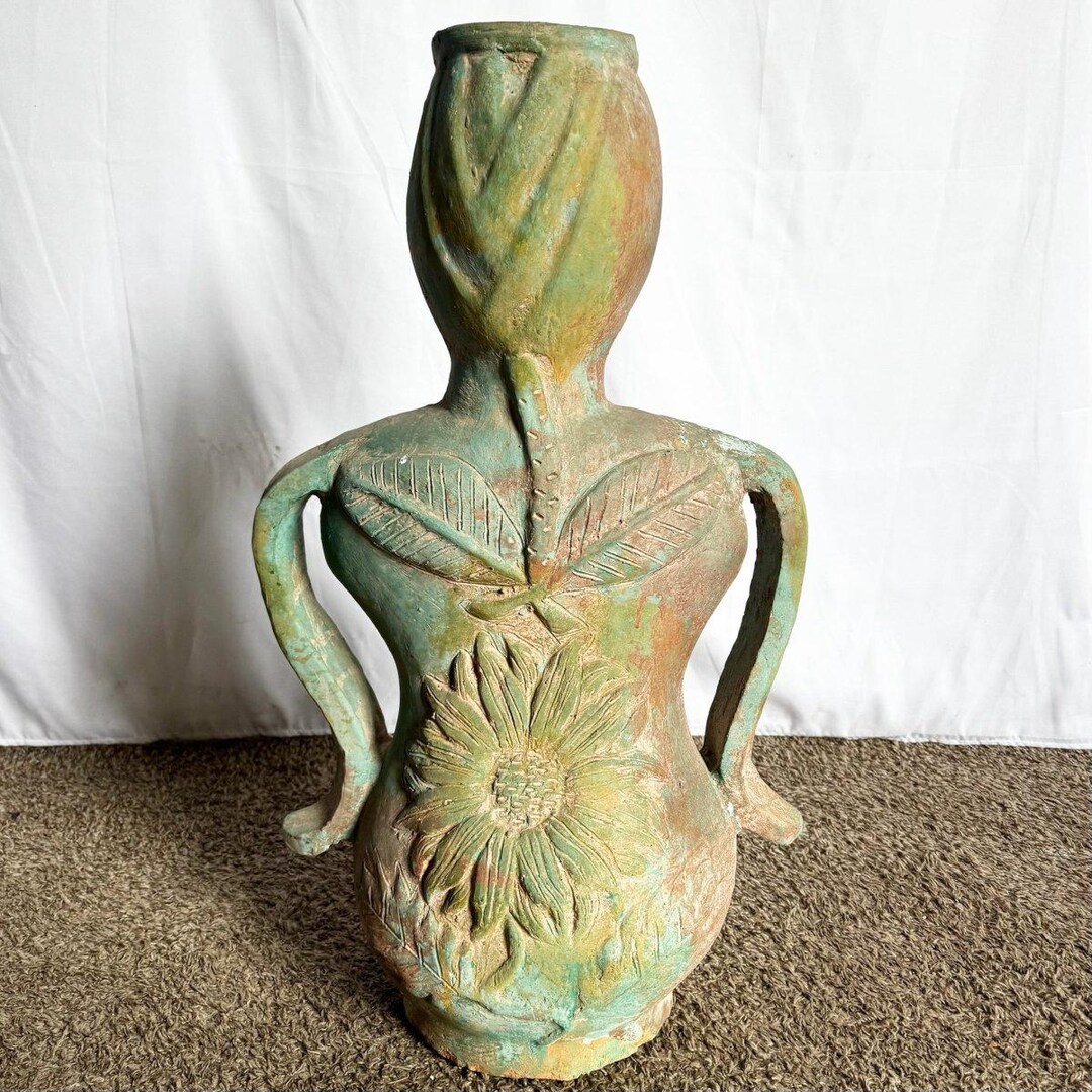 Vintage Sculpted Female Form Ceramic Vase With Sunflower and Leaf Motif ...