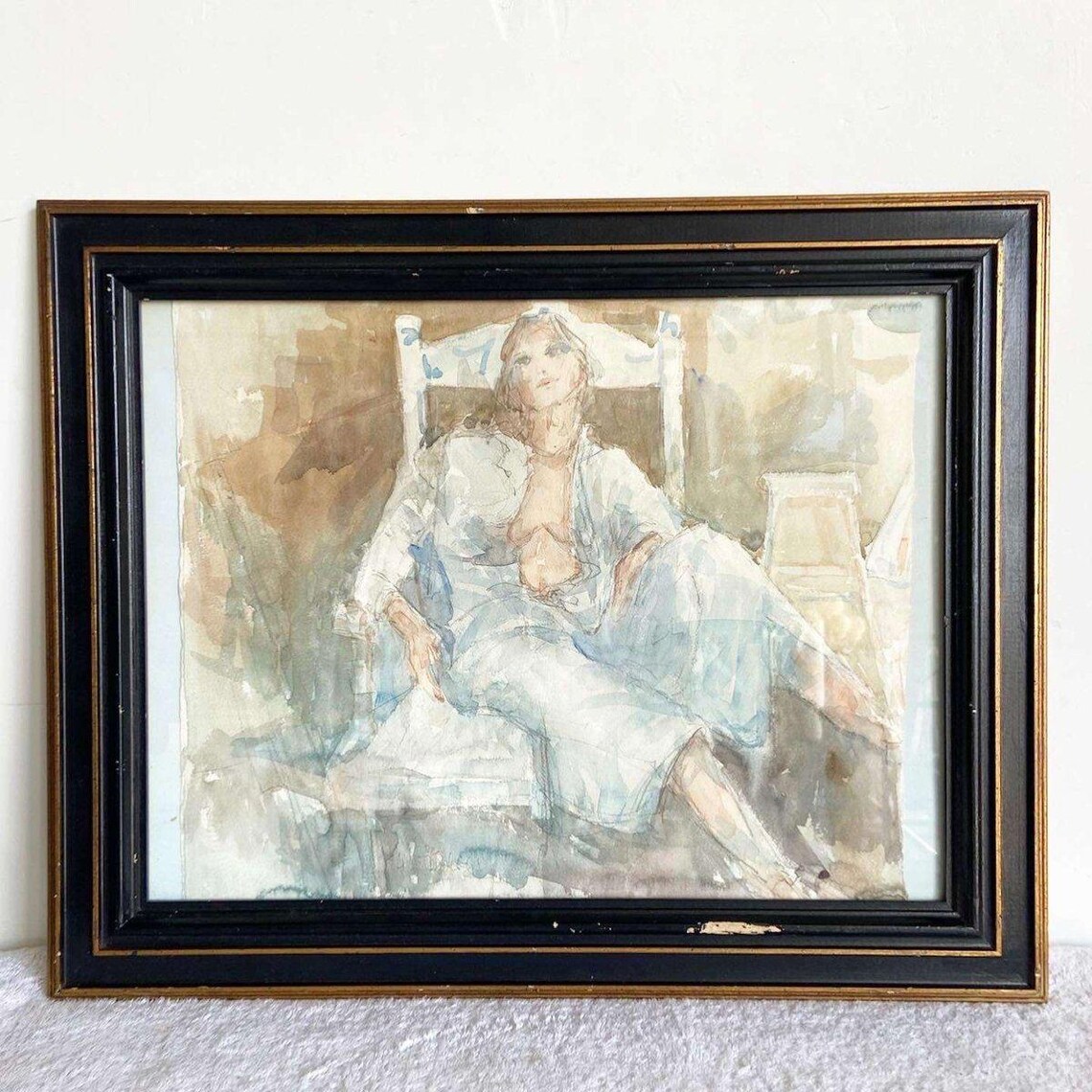 Framed Watercolor Painting of Lady Lounging in Robe Attire - Etsy