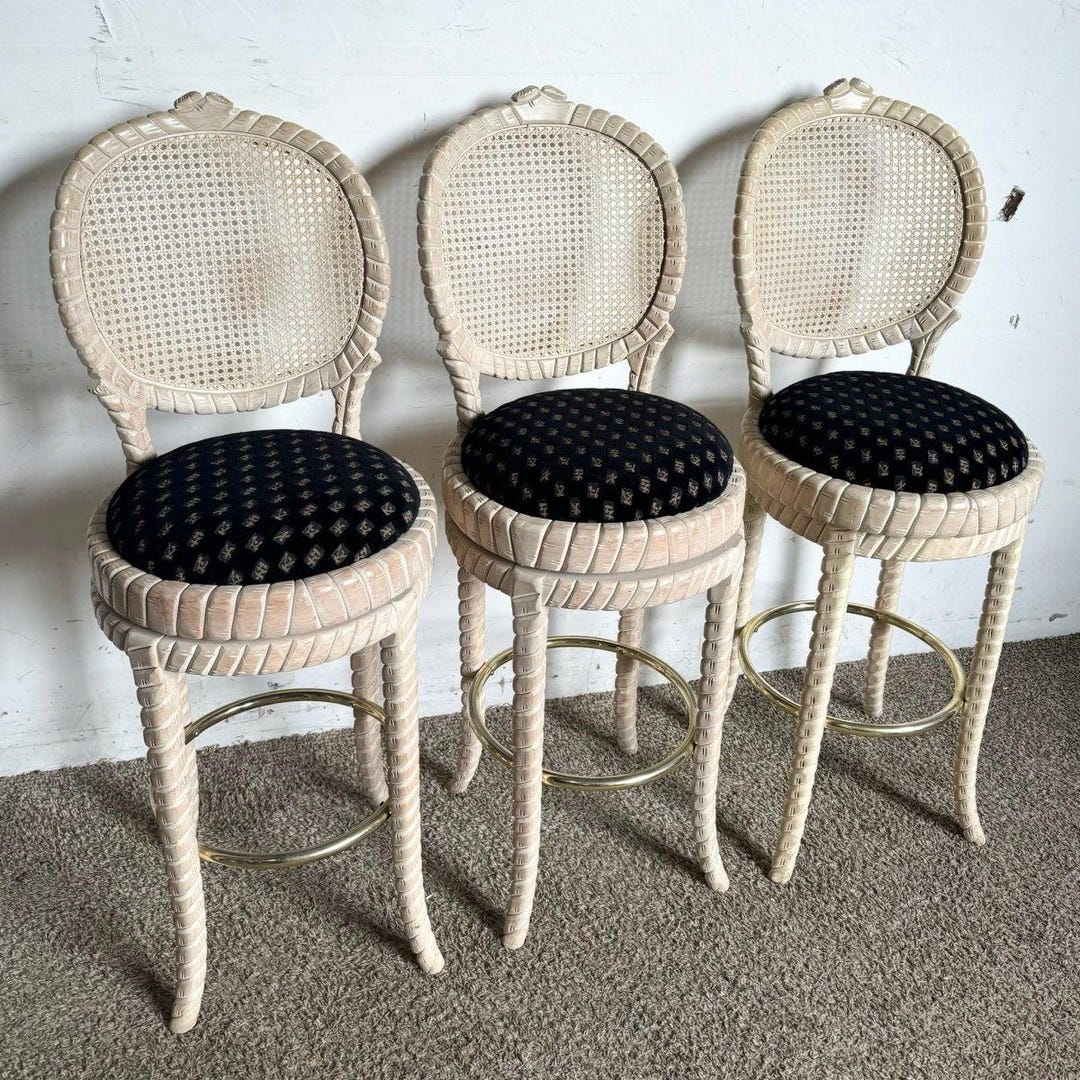 Vintage Regency Carved Wooden Swivel Cane Back Stools Set of 3 - Etsy
