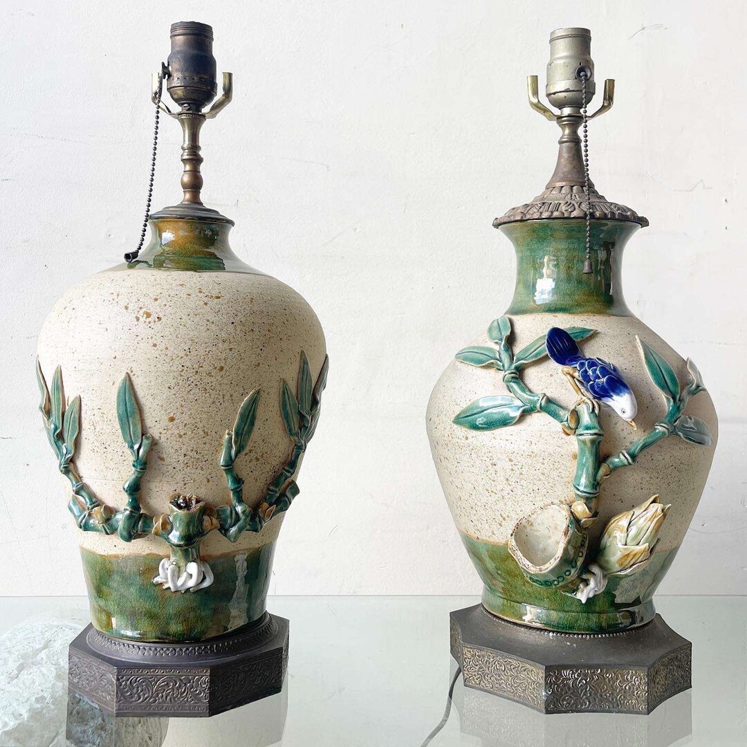 Vintage Ceramic Hand Painted and Sculpted Table Lamps With Brass Bases ...