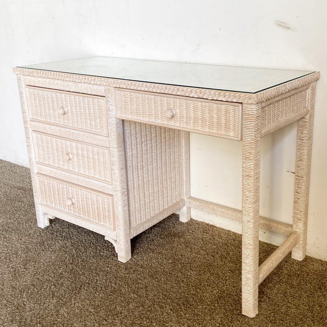 Boho Chic Wicker Rattan Glass Top Writing Desk by Henry Link - Etsy