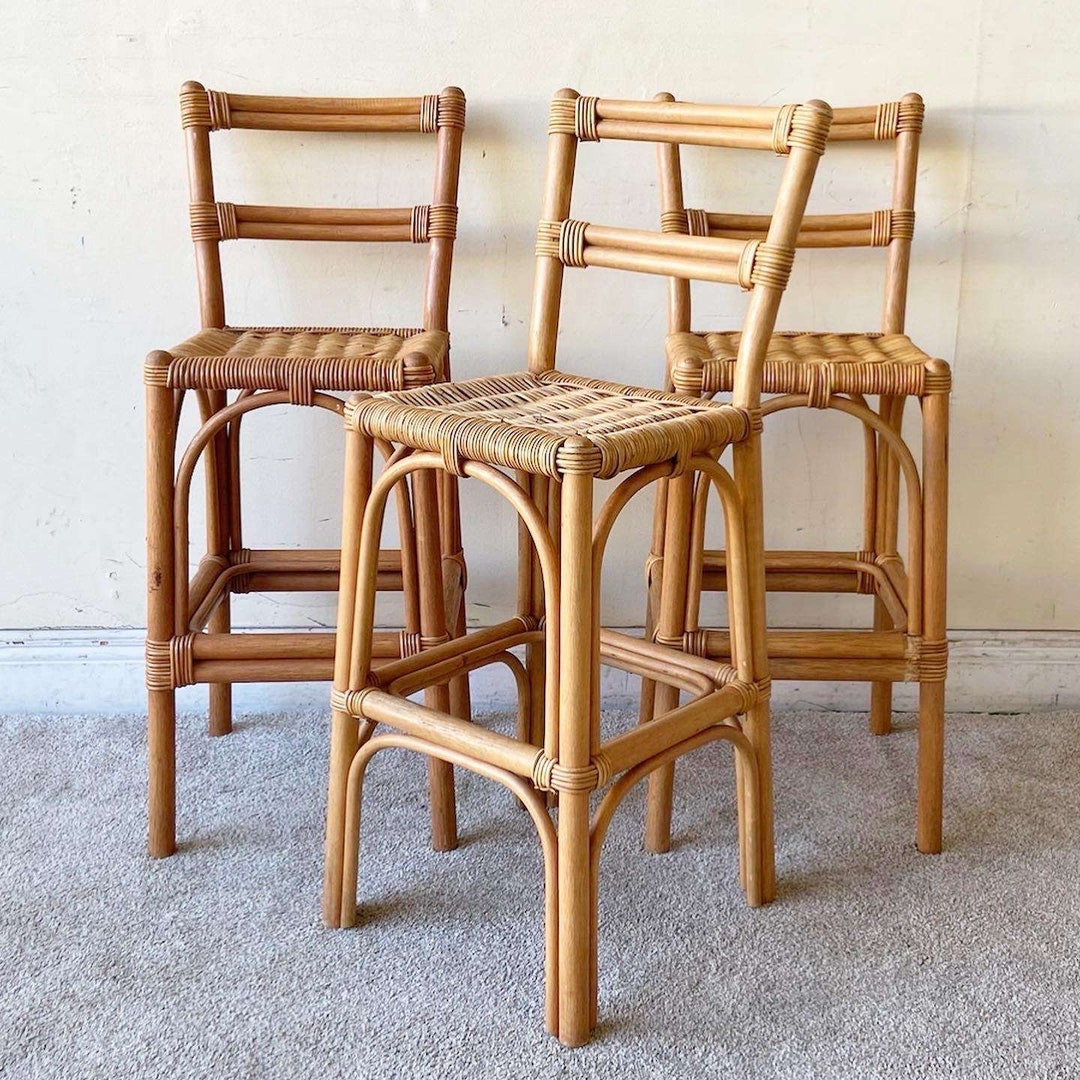 Vintage Boho Chic Bamboo Rattan Stools a Pair - Etsy