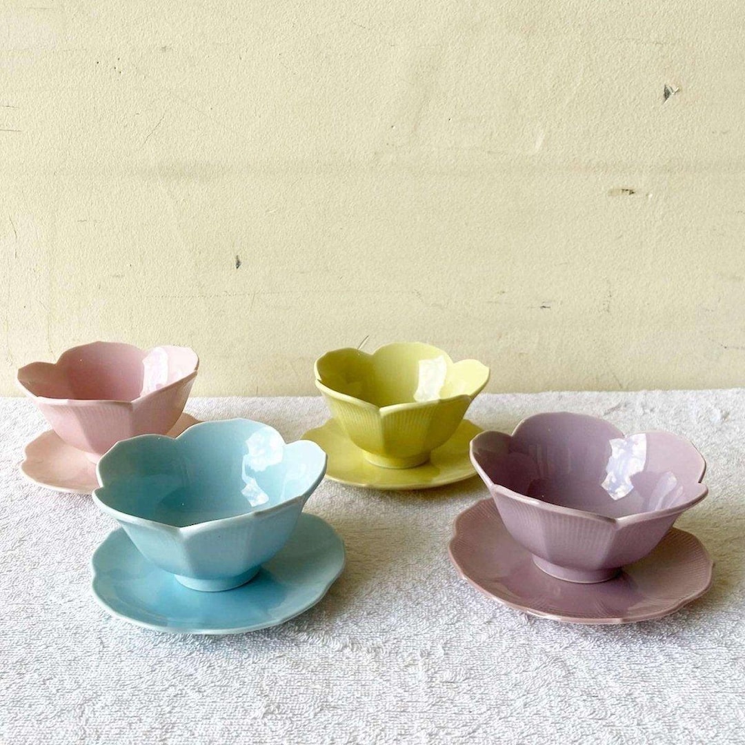 Purple, Pink, Blue and Yellow Lillian Venon Lotus Bowls and Saucers, 8 ...