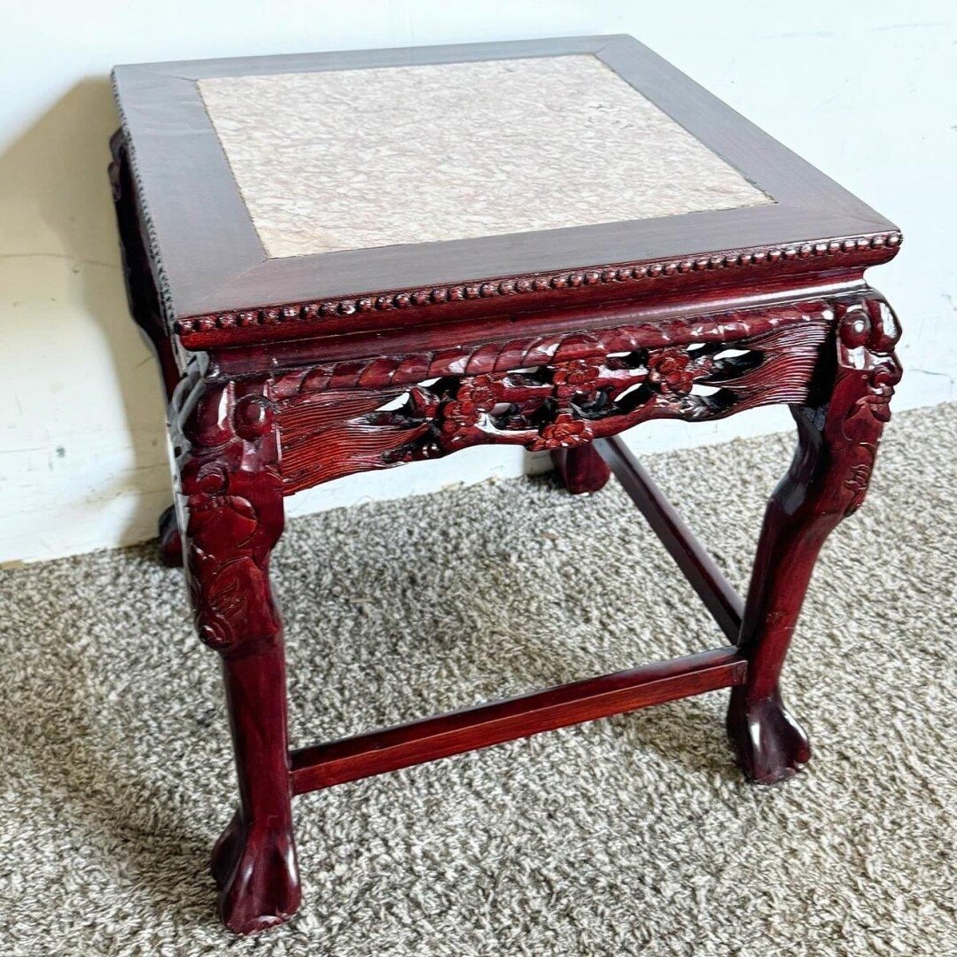 Chinese Hand Carved Rose Wood Side Table With Inlaid Marble Top - Etsy