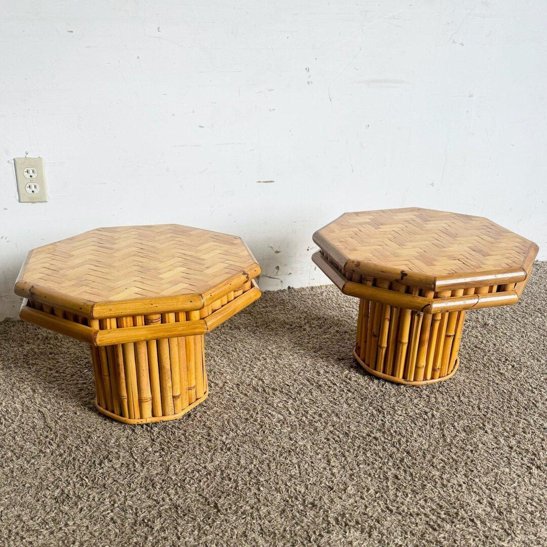 Boho Chic Octagonal Split Bamboo Herringbone Top Side Table - a Pair - Etsy