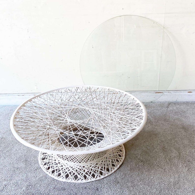 White Spun Fiberglass Glass Top Circular Coffee Table - Etsy
