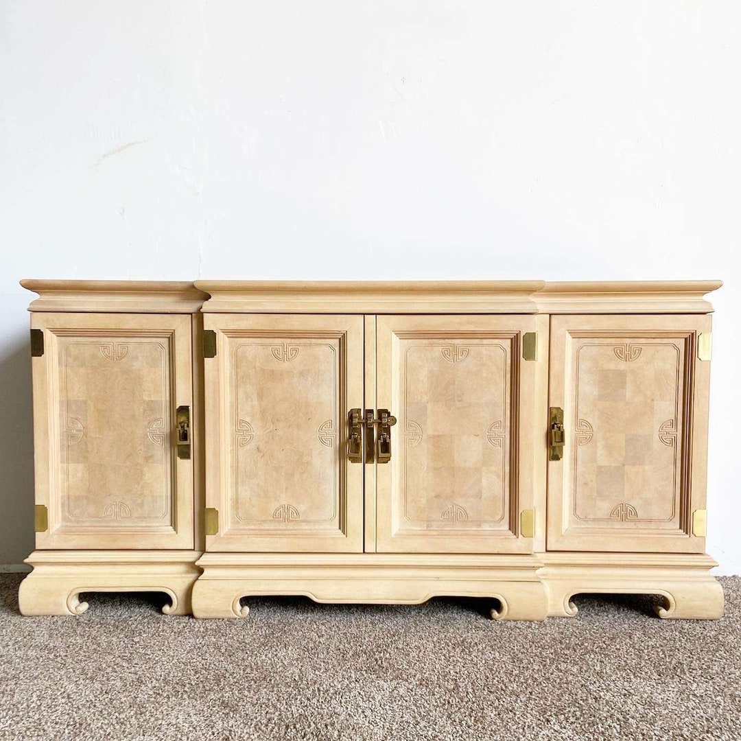 Chinoserie Wooden Credenza With Brass Handles and Burl Doors - Etsy