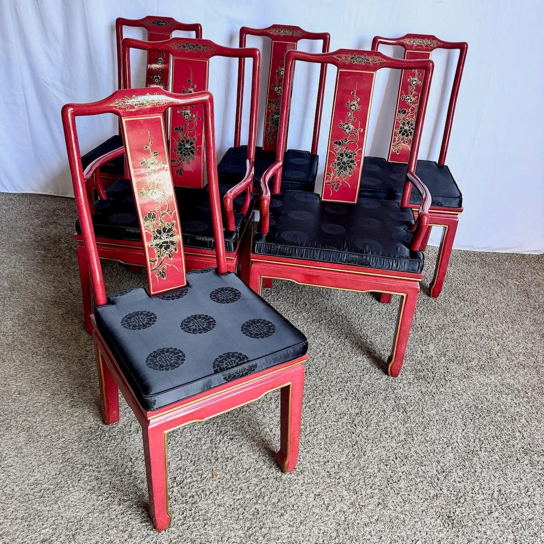 Chinese Red and Gold Lacquered Hand Painted Dining Chairs - Set of 6 - Etsy