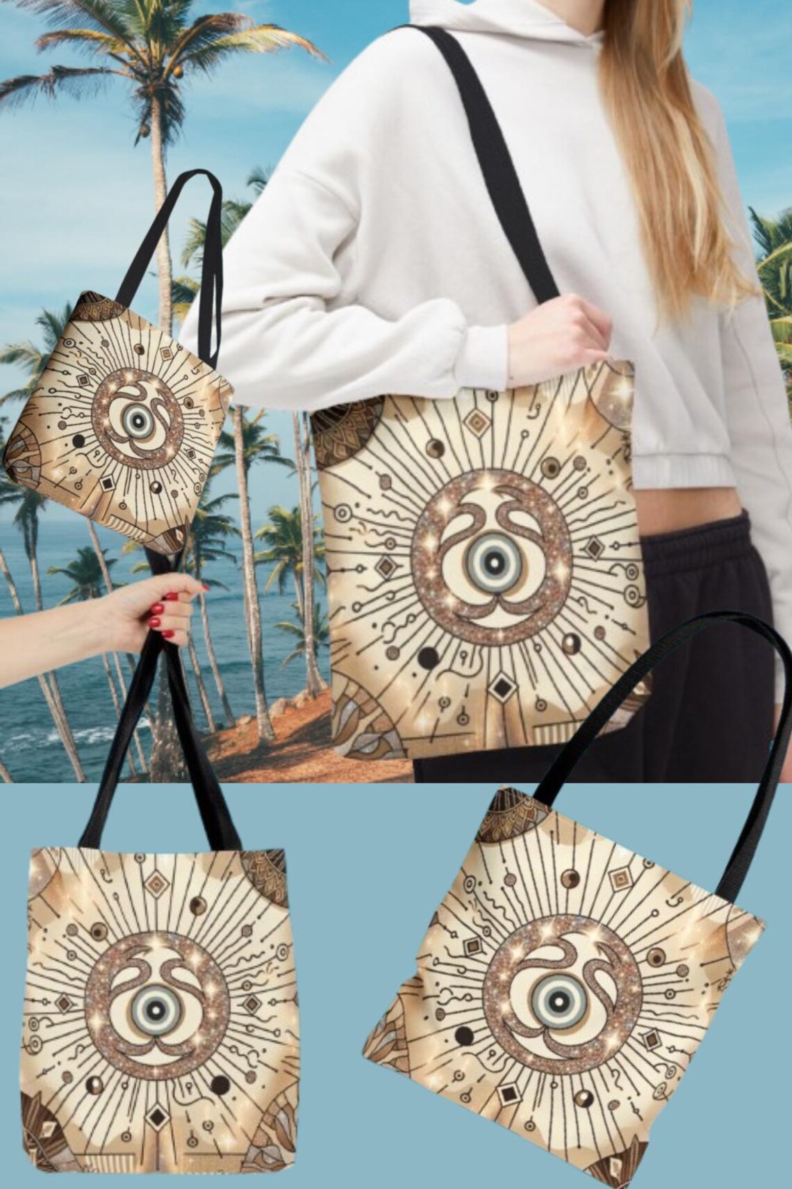 Spiritual Tote Bag With Protective Symbols, Boho Shoulder Bag for ...
