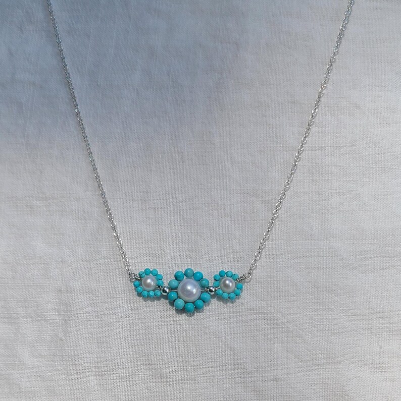 Turquoise and Freshwater Pearl Flowers on a Sterling Silver Necklace ...