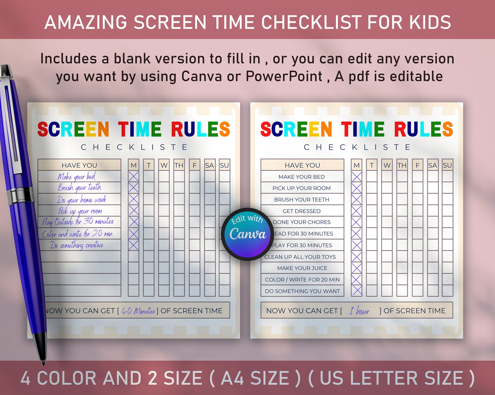 Editable Screen Time Checklist printable Screen Time Chore | Etsy