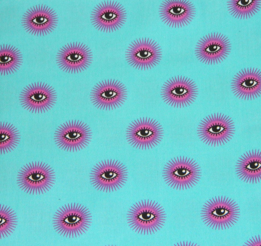 Tula Pink De La Luna Turquoise Blue Pink Eyes Cotton Fabric Fat Quarter ...