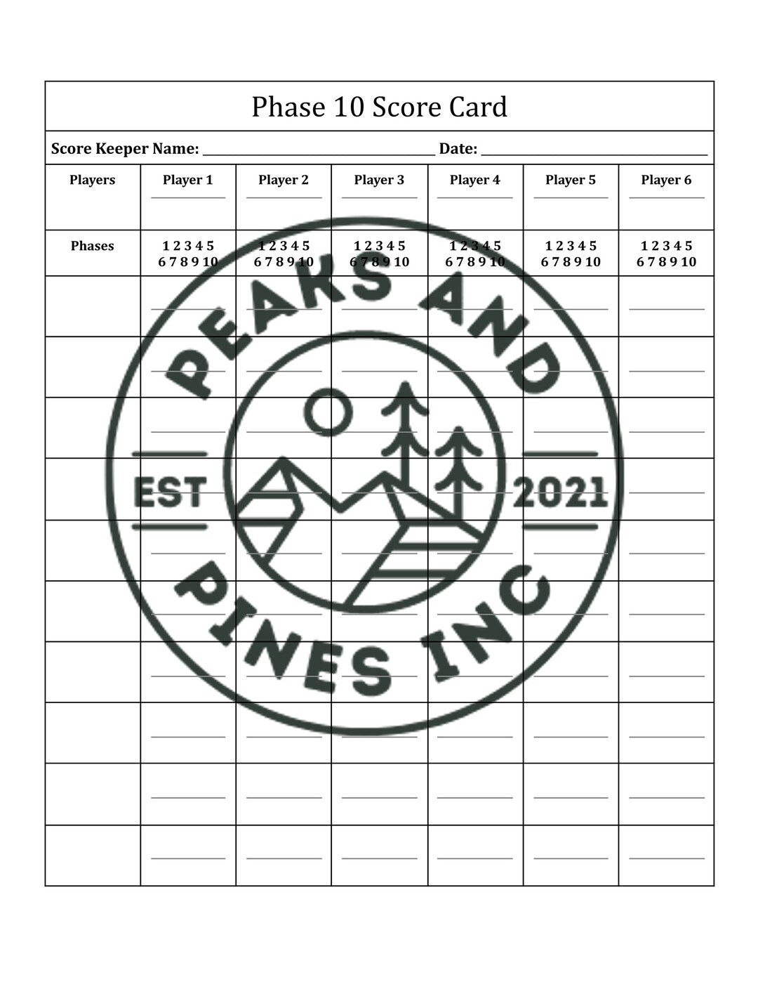 Phase 10 Score Card - Phase 10 Score Sheet - Printable Digital Download ...