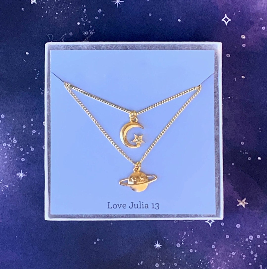 Moon & Saturn Necklaces / Gold Chains and Charms / Friendship Set ...