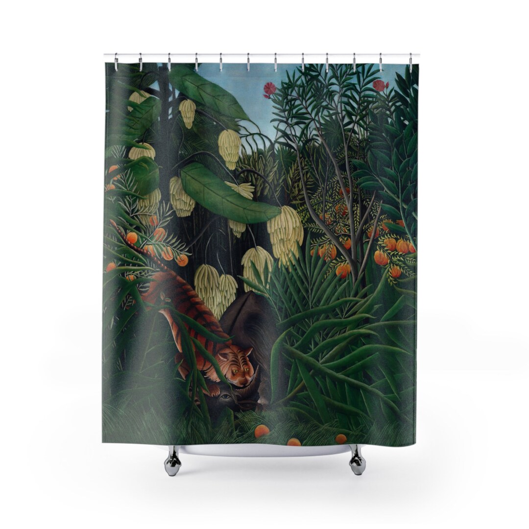 Henri Rousseau, Green Shower Curtain, Tiger and Buffalo Boho Shower ...