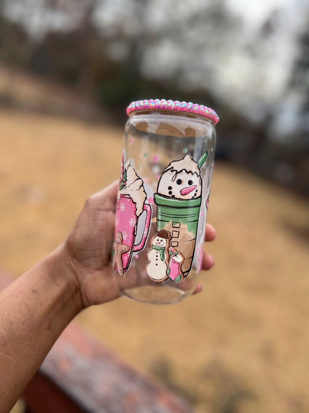 Custom Rhinestone Glass Can With Bling Lid Christmas Design - Etsy