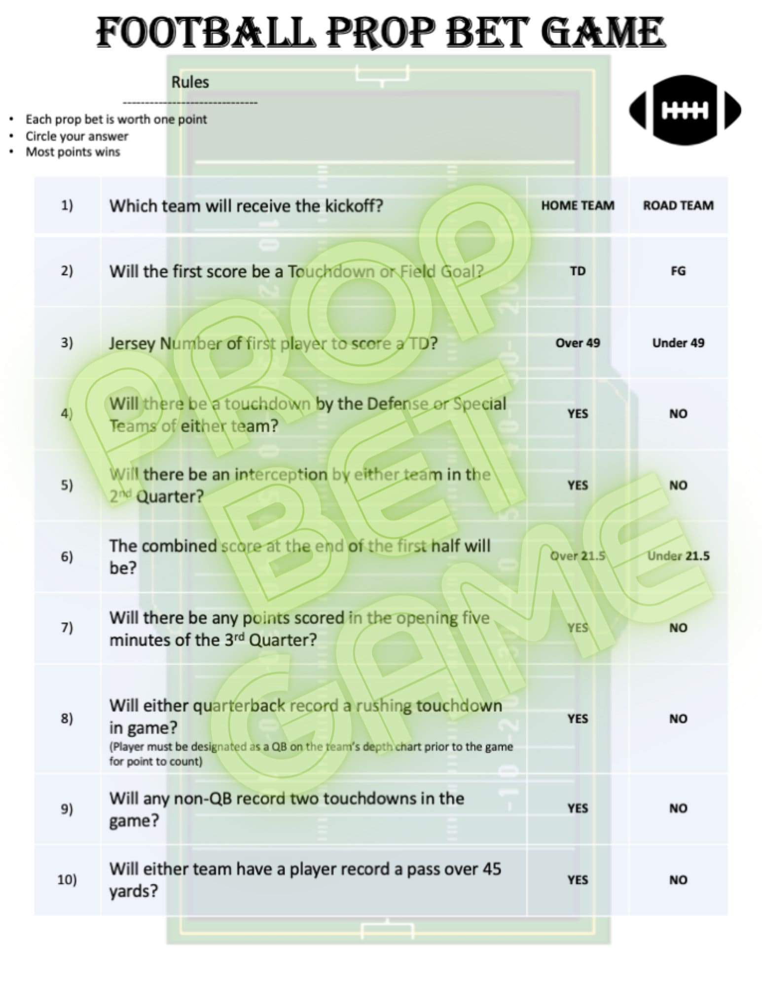Football Prop Bet Game - 8.5"x11" Printable - Great for Parties! Good ...