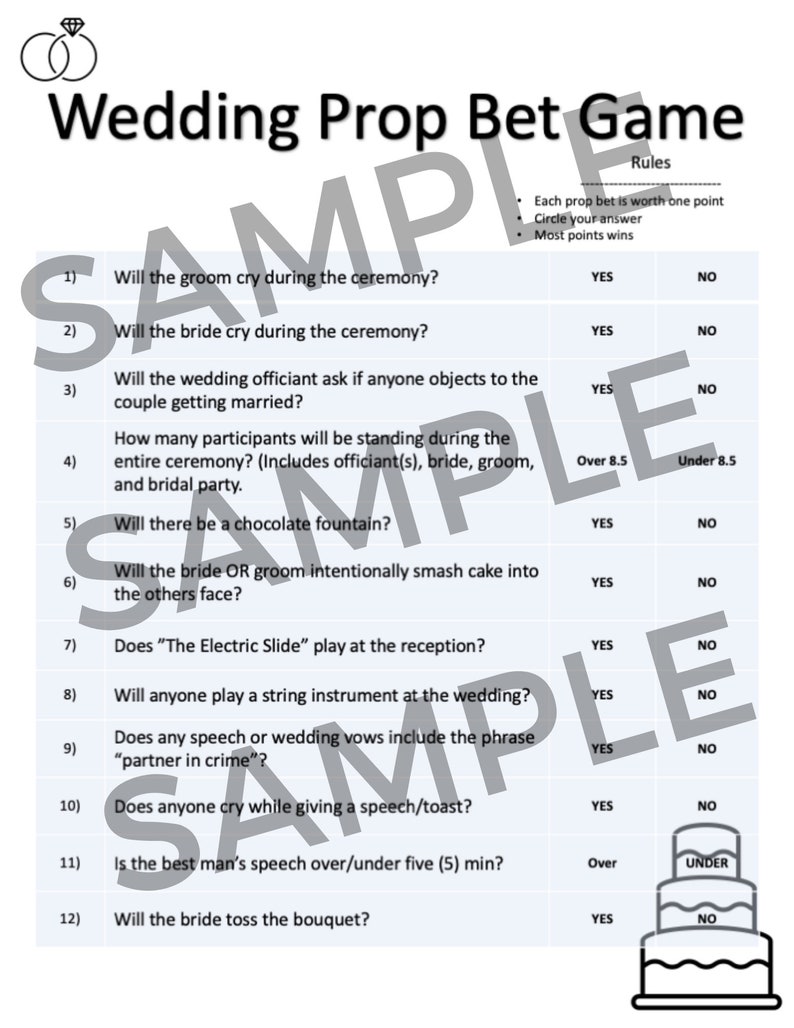 Wedding Day Prop Bets - 8.5x11 & 5x7 Instant Download - Party Game ...