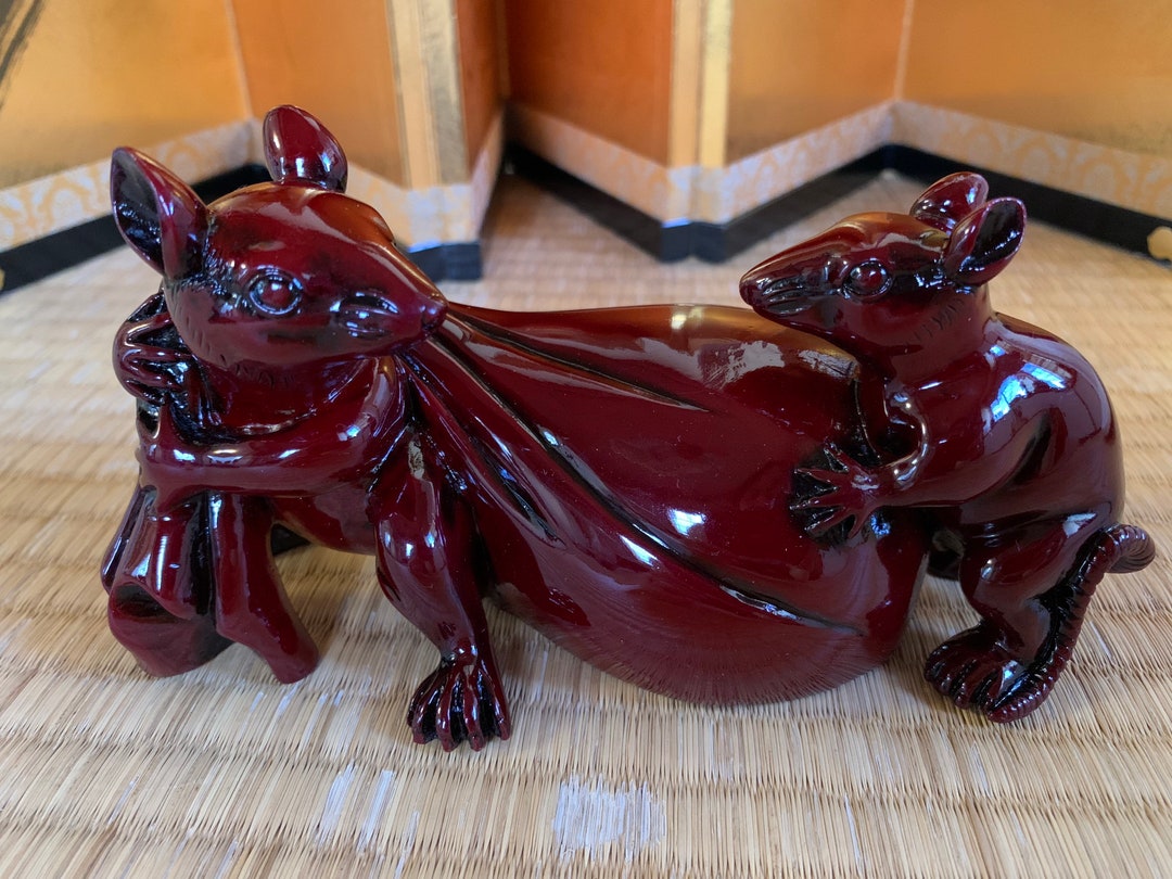 Antique Japanese Humorous Wooden Carving Ornament of Two Thief Mice ...
