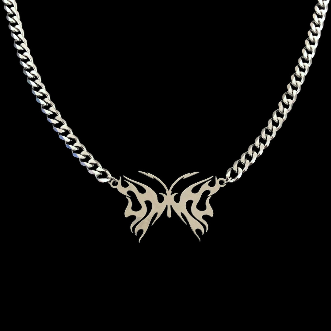 Flaming Butterfly Cuban Chain Necklace - Stainless Steel Flame Fire ...