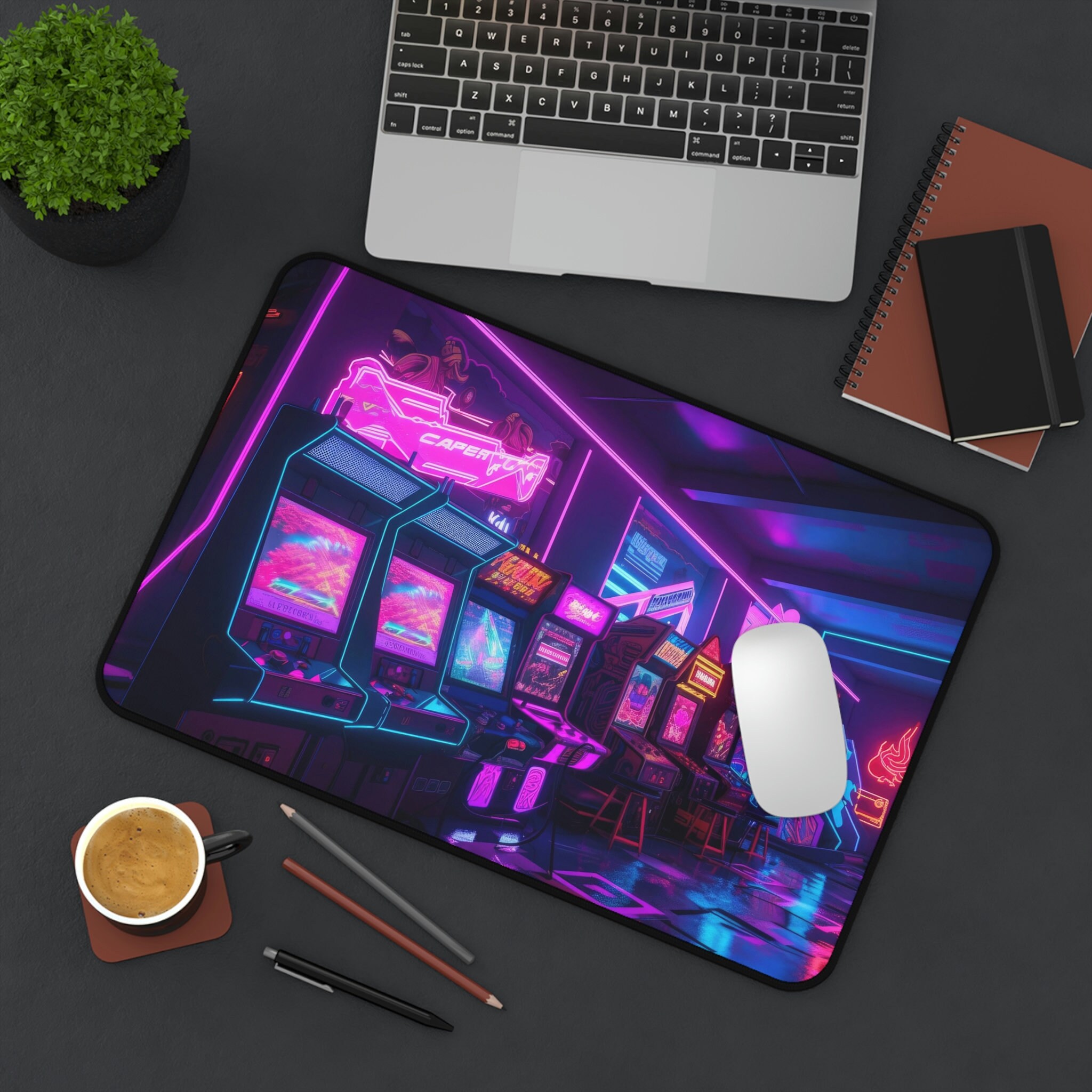 80s Arcade Gaming Neon Desk Mat, Long Desk Mats, Retrowave, Vaporwave ...