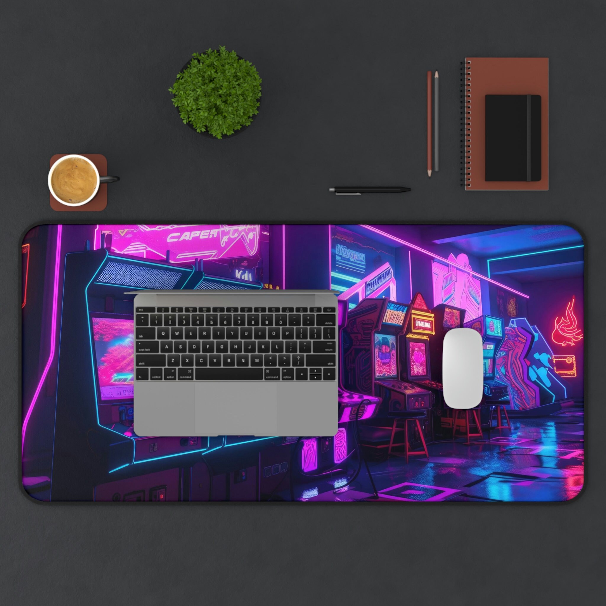 80s Arcade Gaming Neon Desk Mat, Long Desk Mats, Retrowave, Vaporwave ...