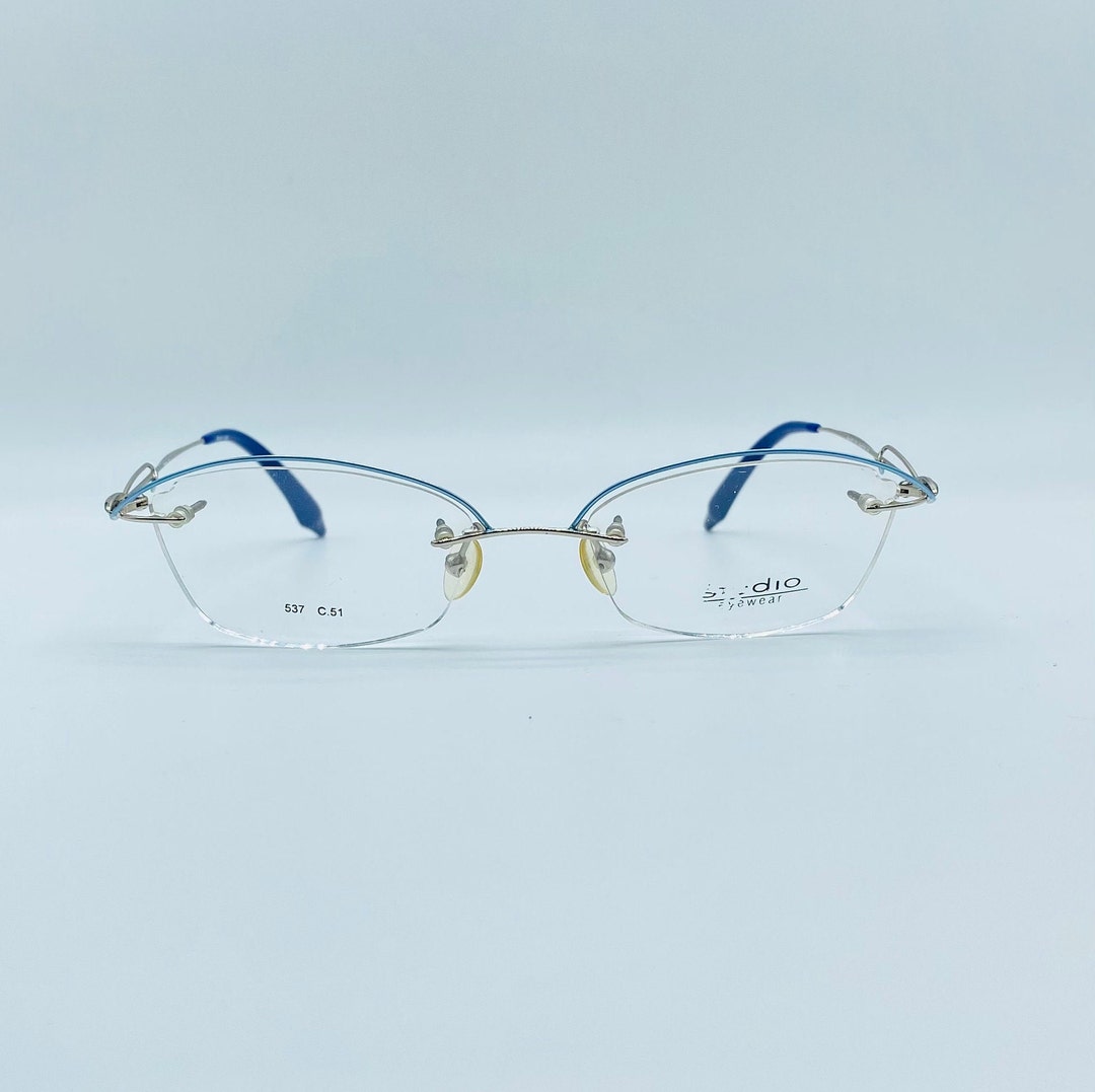 Studio MOD 537 C 51 90s Vintage Blue and Silver Rimless Small Cat Eye ...