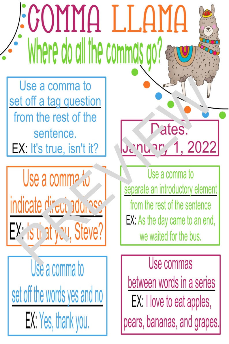 Commas Anchor Chart Comma Llama for the Classroom Digital Printable ...