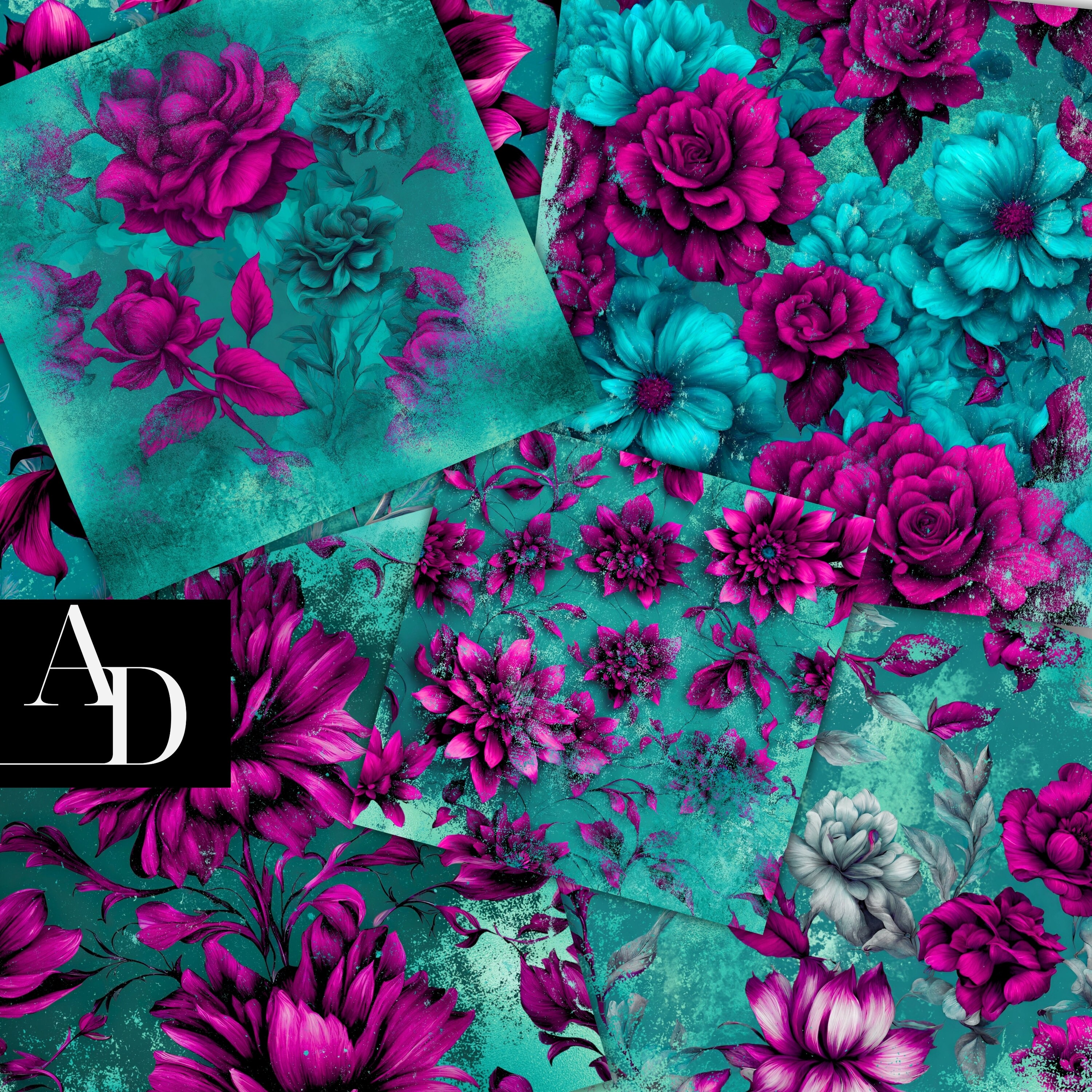 Magenta and Teal, Digital Paper, Scrapbook, Floral Design, Flower ...