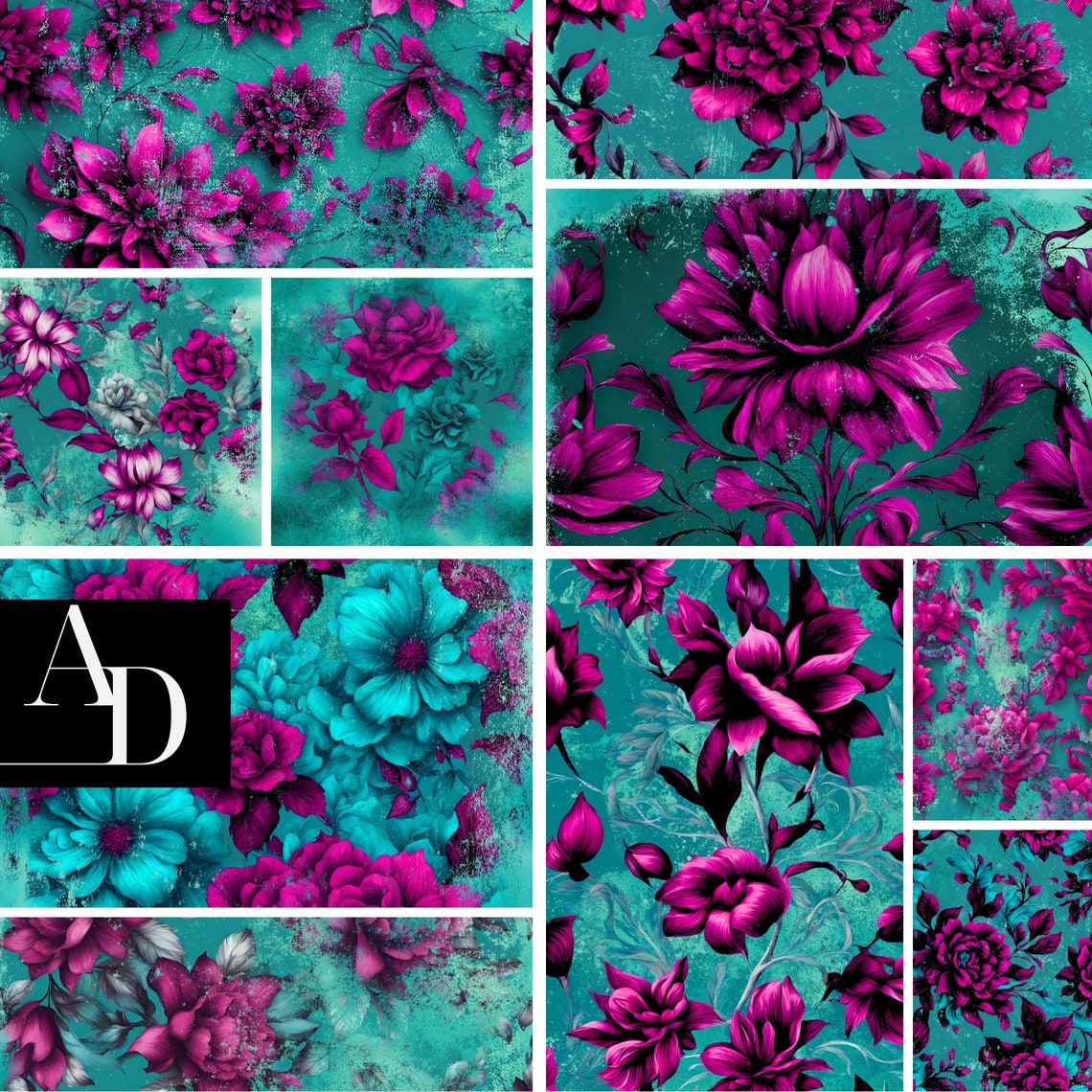Magenta and Teal, Digital Paper, Scrapbook, Floral Design, Flower ...