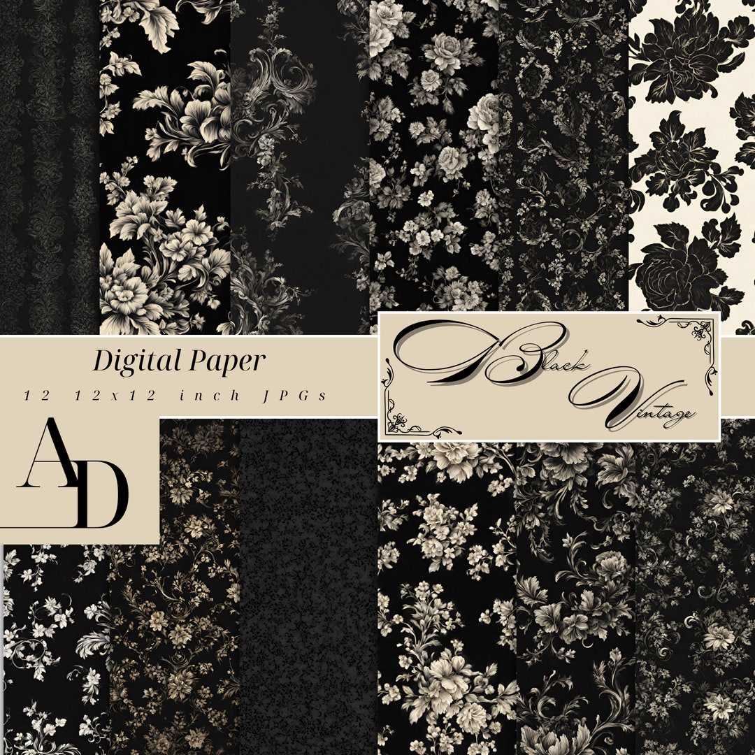 Black Vintage, Digital Paper, Black, White, Scrapbook, Junk Journal ...