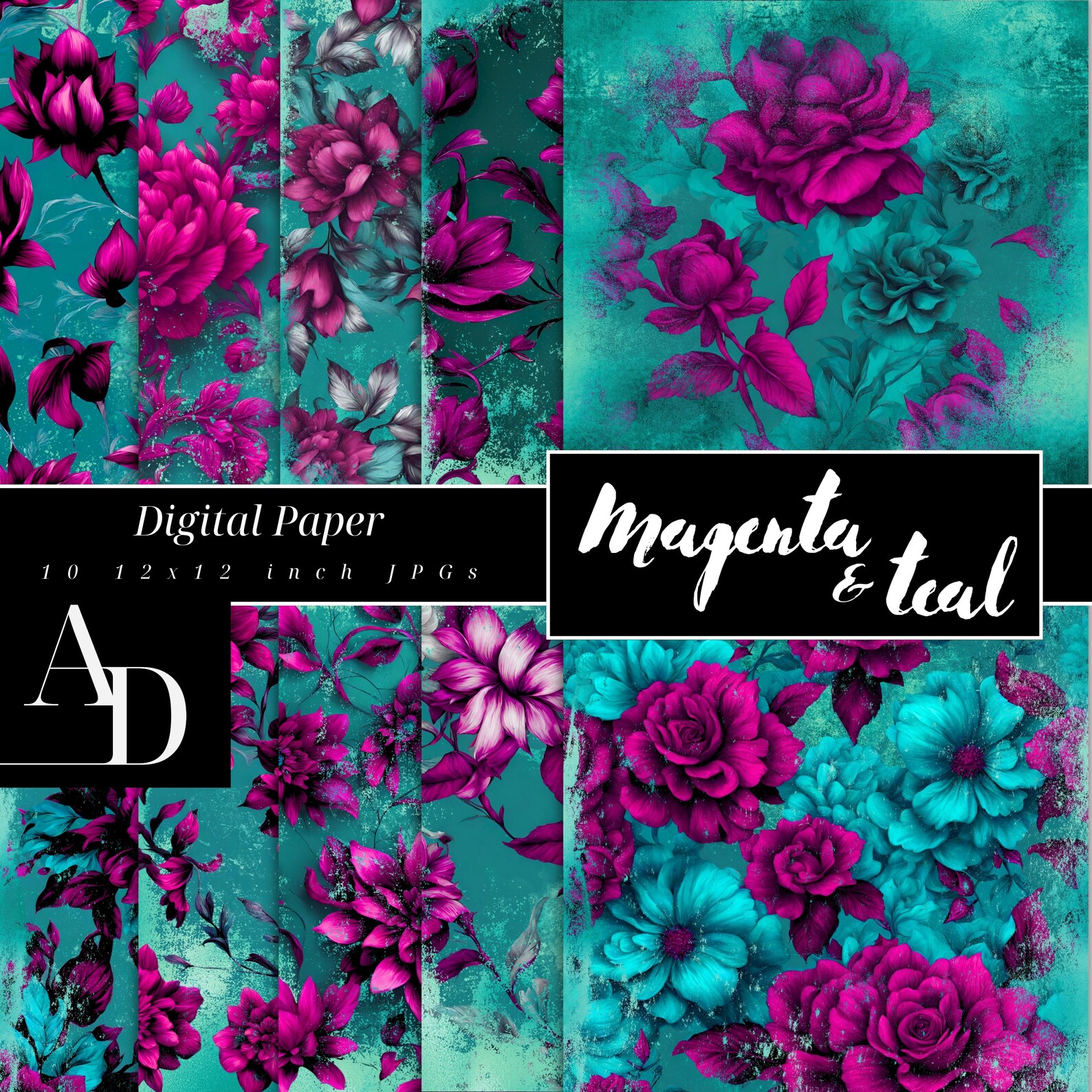 Magenta and Teal, Digital Paper, Scrapbook, Floral Design, Flower ...