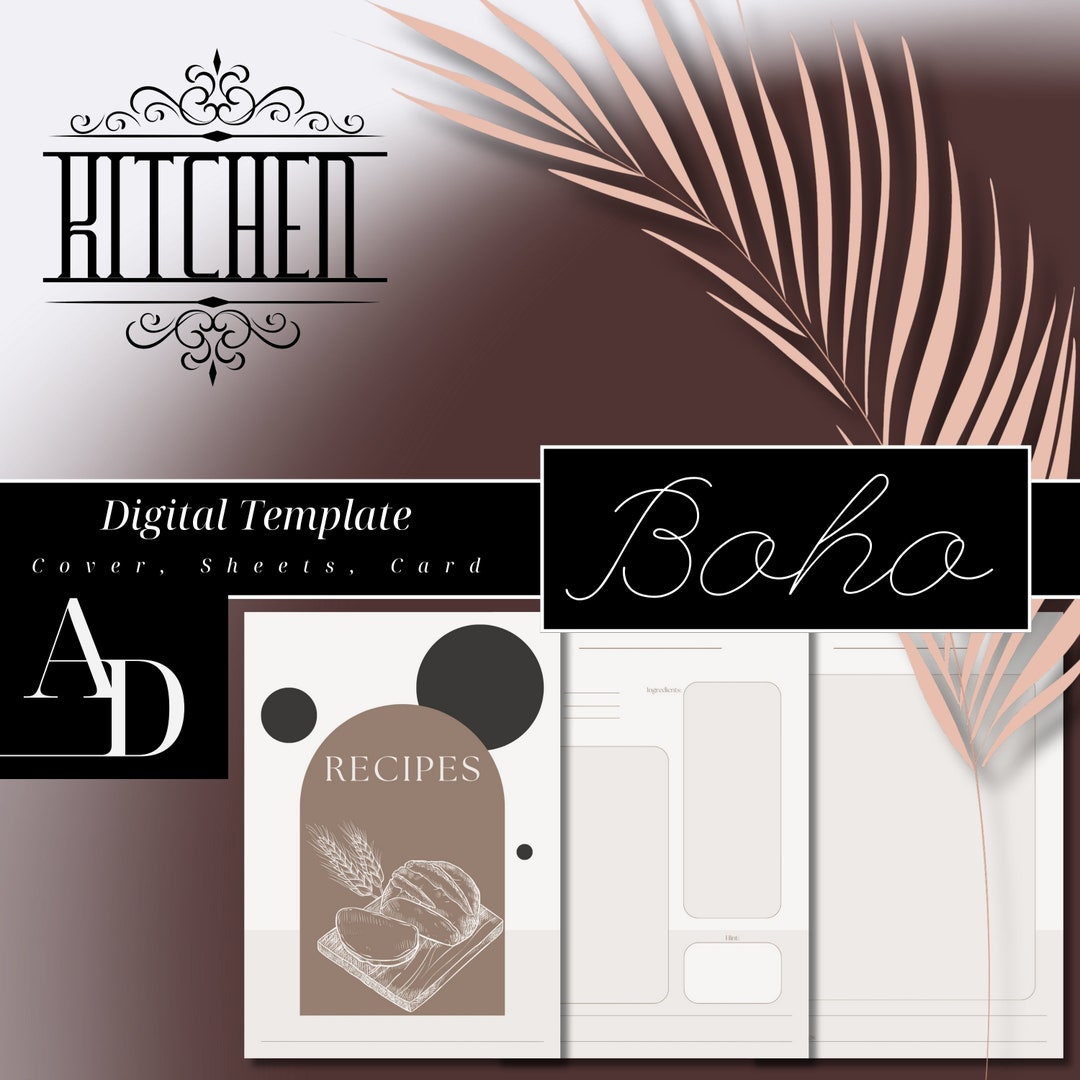 Boho, Recipe Book, Blank Recipe Pages, Recipe Card, Digital Template ...
