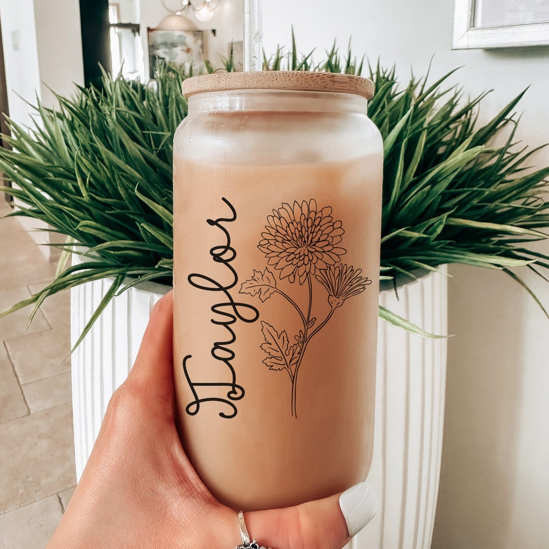 Birth Month Flower Sipper Glass Cup, Custom Name Colored Birth Flower ...