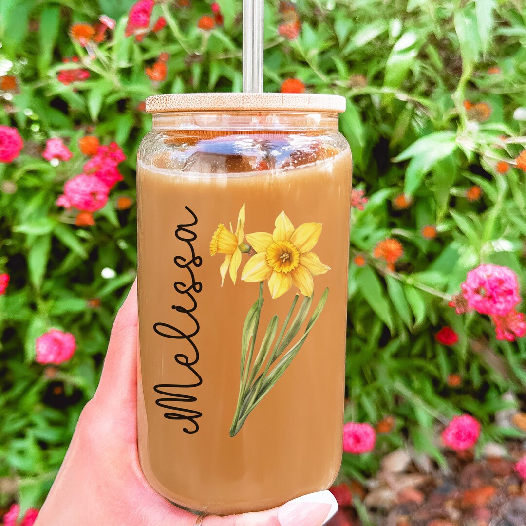 Birth Month Flower Sipper Glass Cup, Custom Name Colored Birth Flower ...