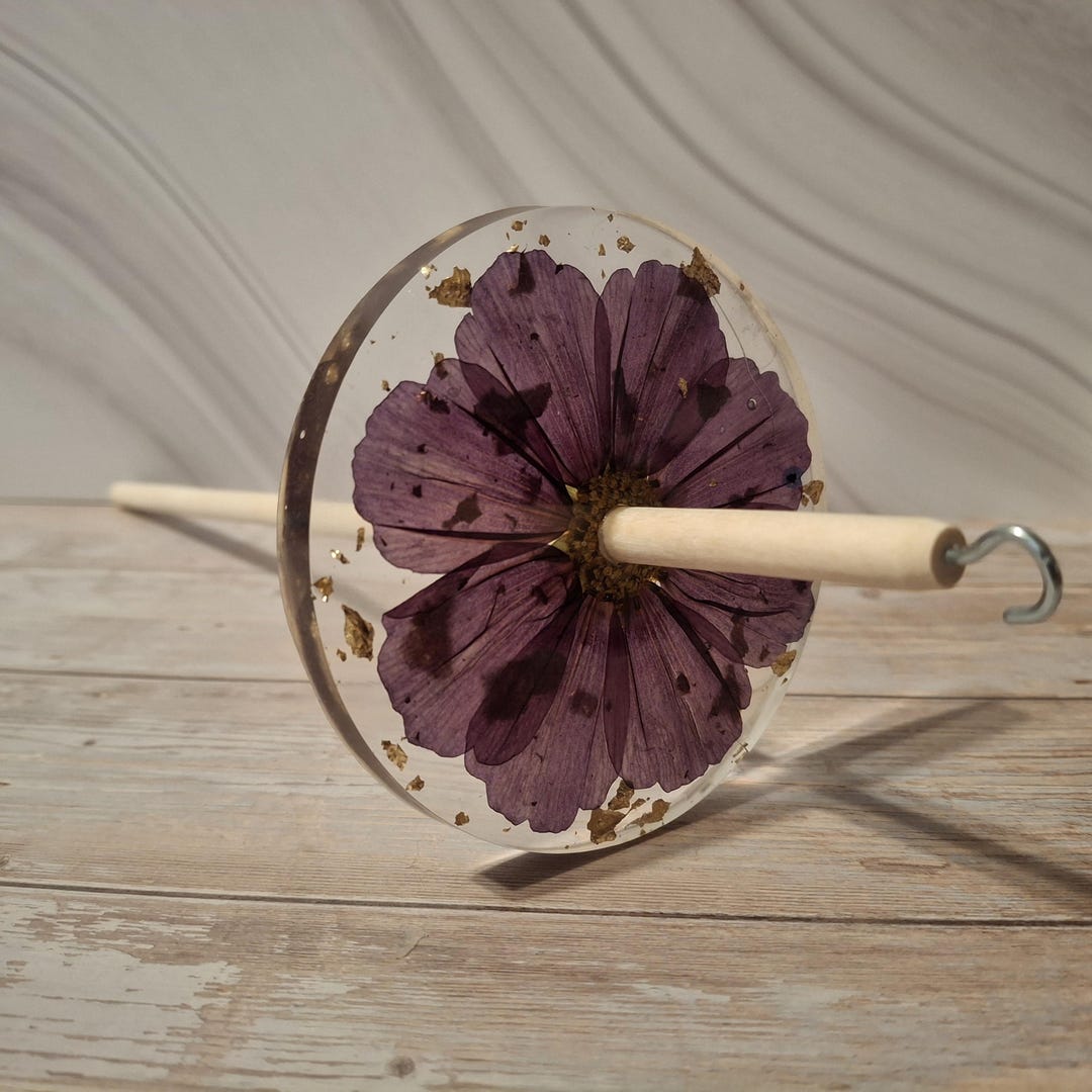 SPINDLE Purple Flower and Gold Flakes Drop Spindle Ripple Resin Top ...