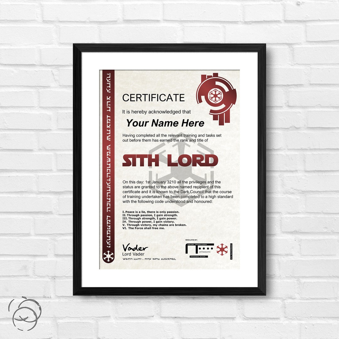 SITH LORD Star Wars Certificate High Quality Real HOLOGRAM - Etsy