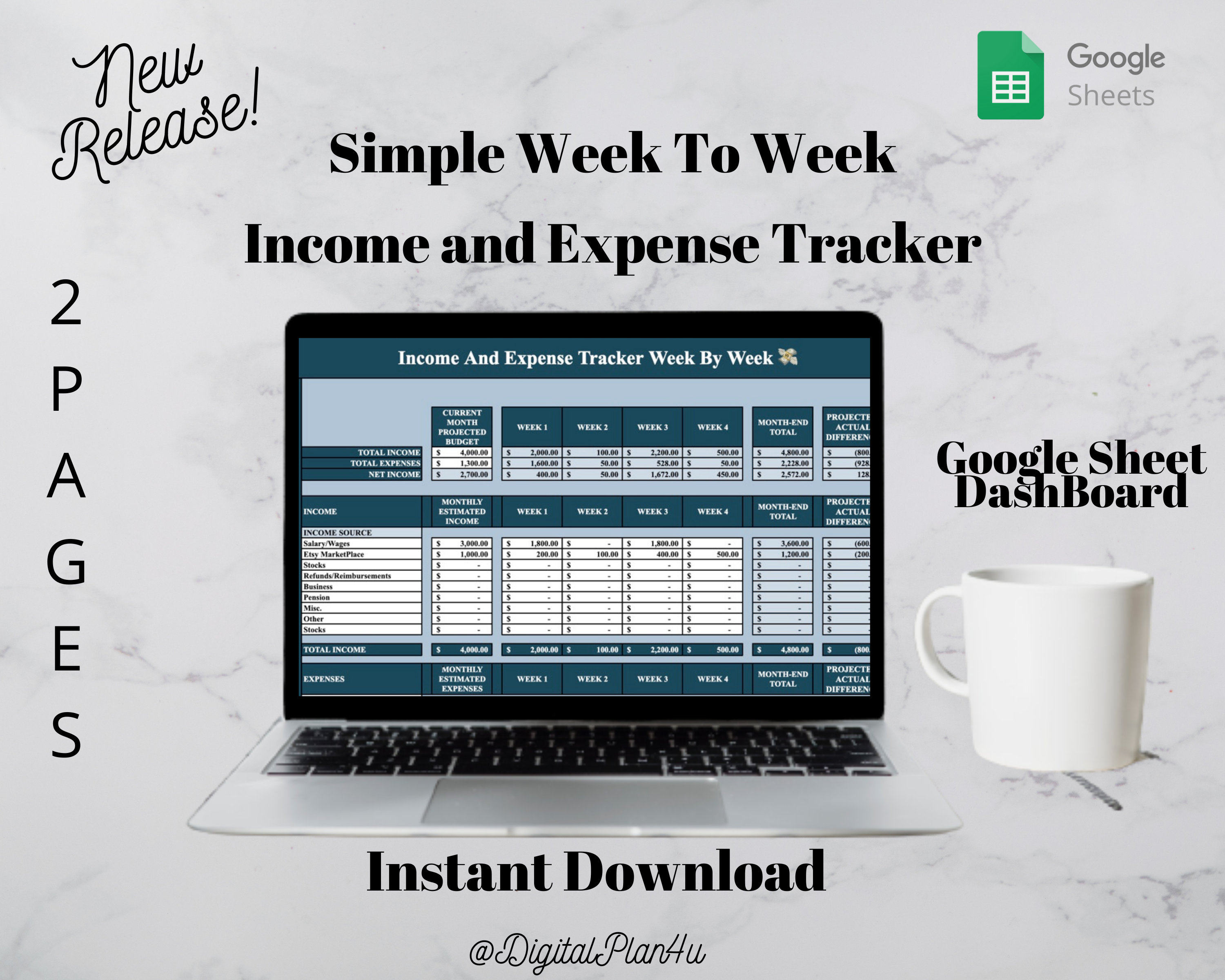 Google Sheet Dashboard Income and Expense Tracker, Week to Week Income ...