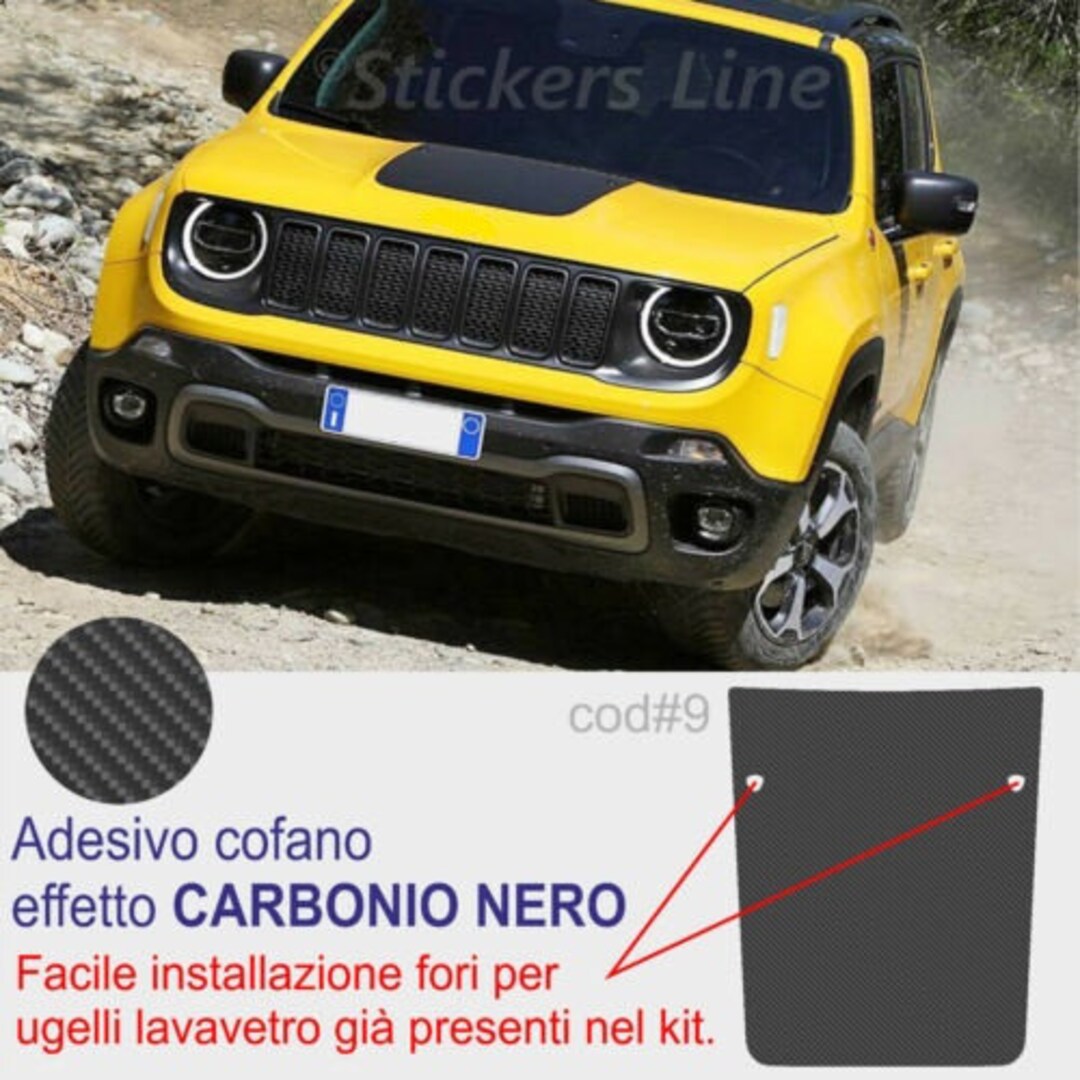 Bonnet Sticker Compatible for Jeep Renegade CARBON Effect With Washer Holes Sticker Bonnet Cod9 ...