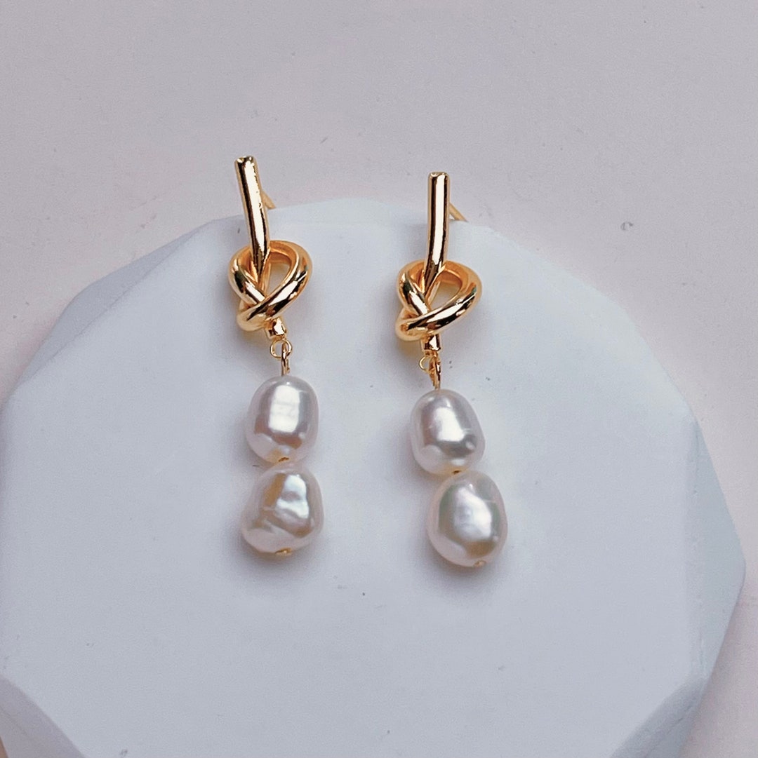 Two Pearls Celtic Knot Pearl Drop Stud Earrings - Minimalist Gemstone ...