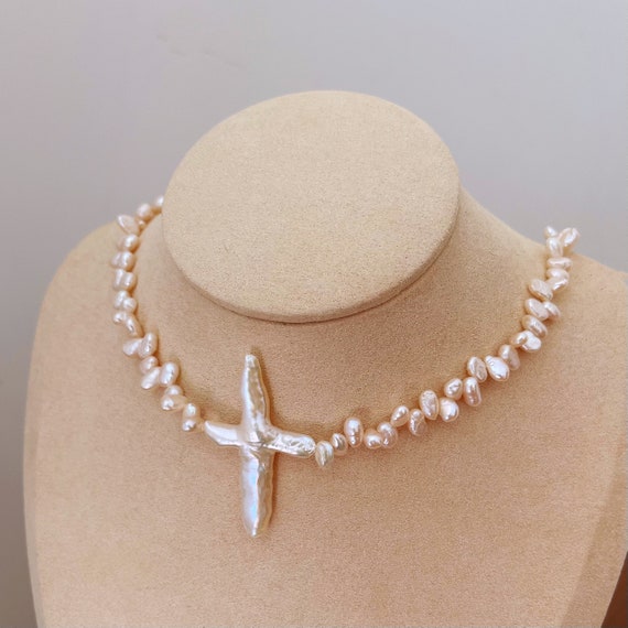 Big Cross Pearl Necklace Cross Necklace/choker 14k Gold - Etsy