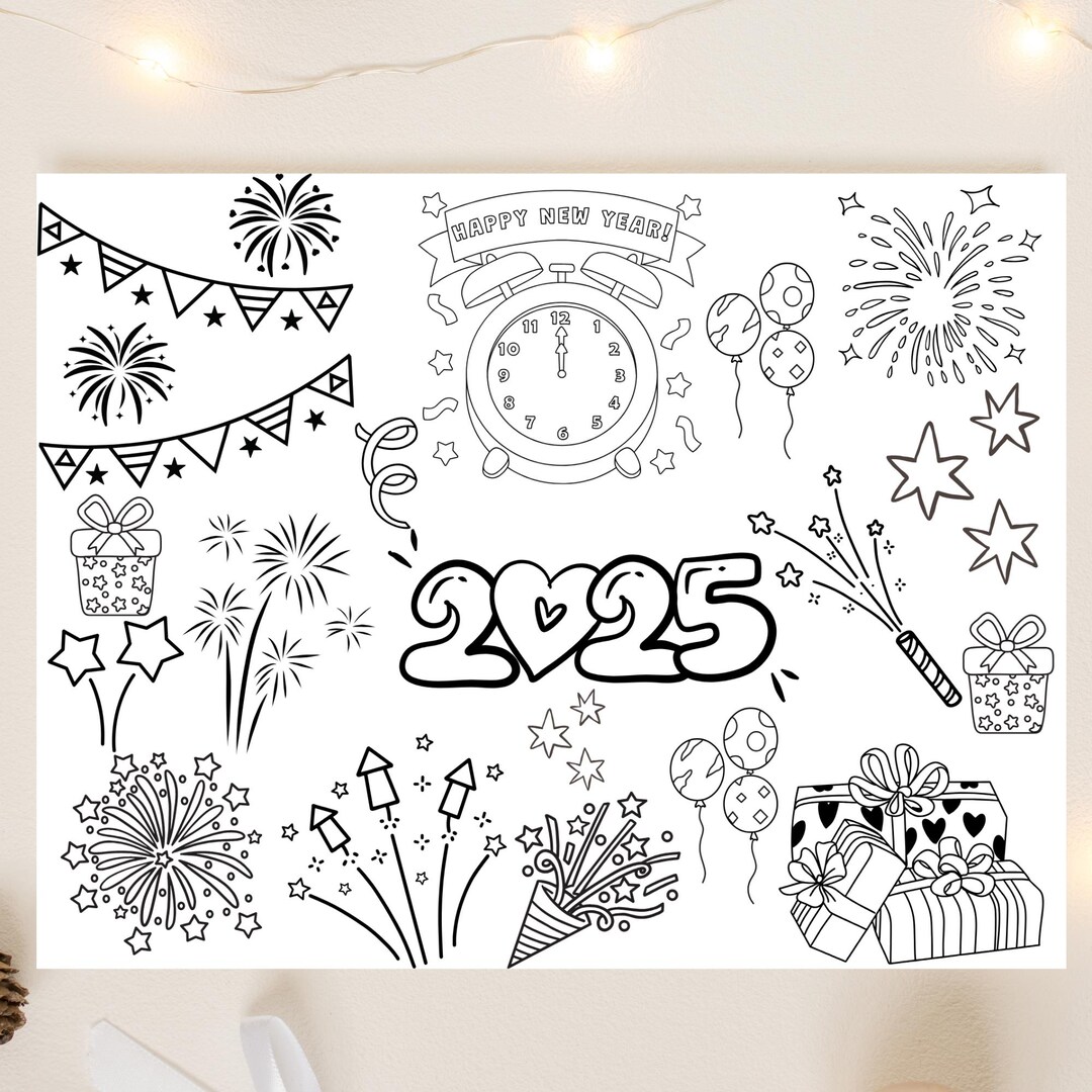 Printable Coloring Page 2025, Printable New Years Eve Party Colouring ...
